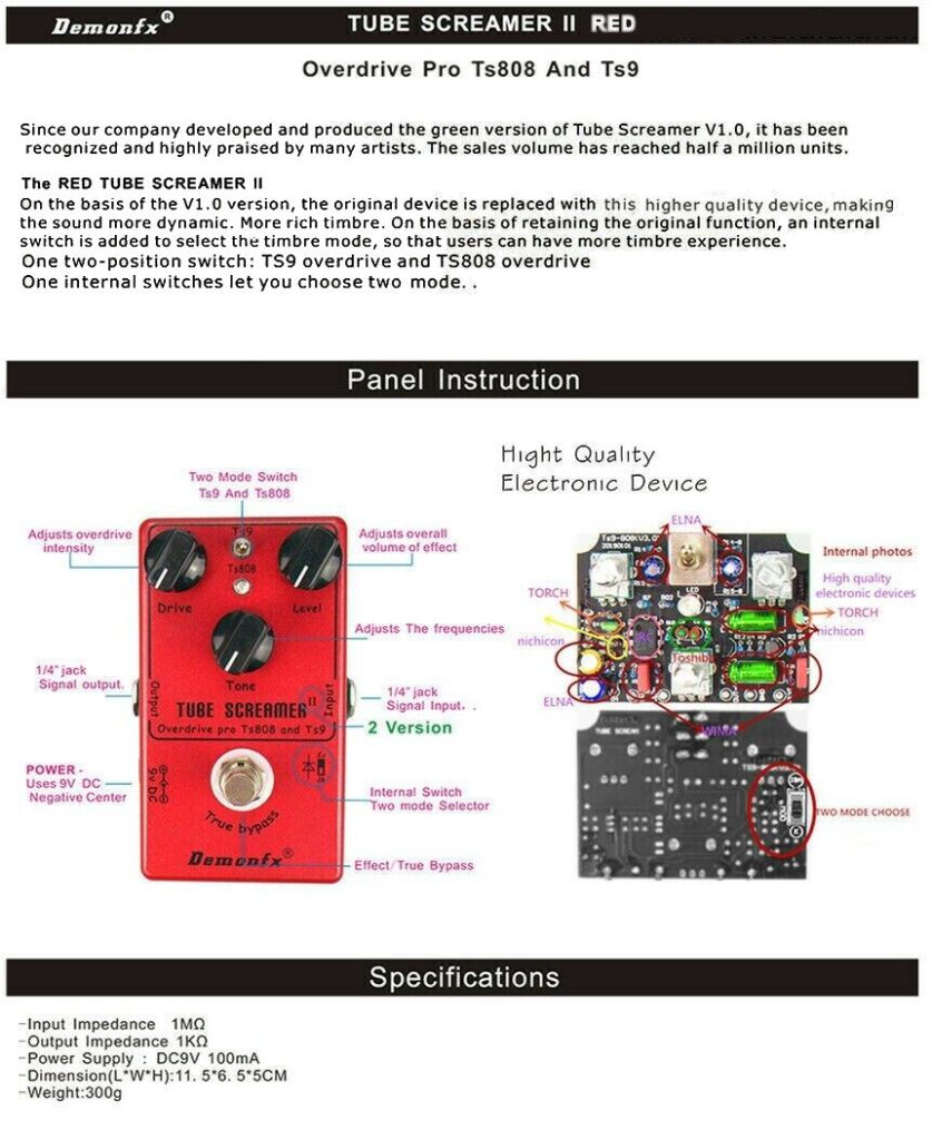 Demonfx Tube Screamer TS II RED with 2 Overdrive options. Internal mode ...